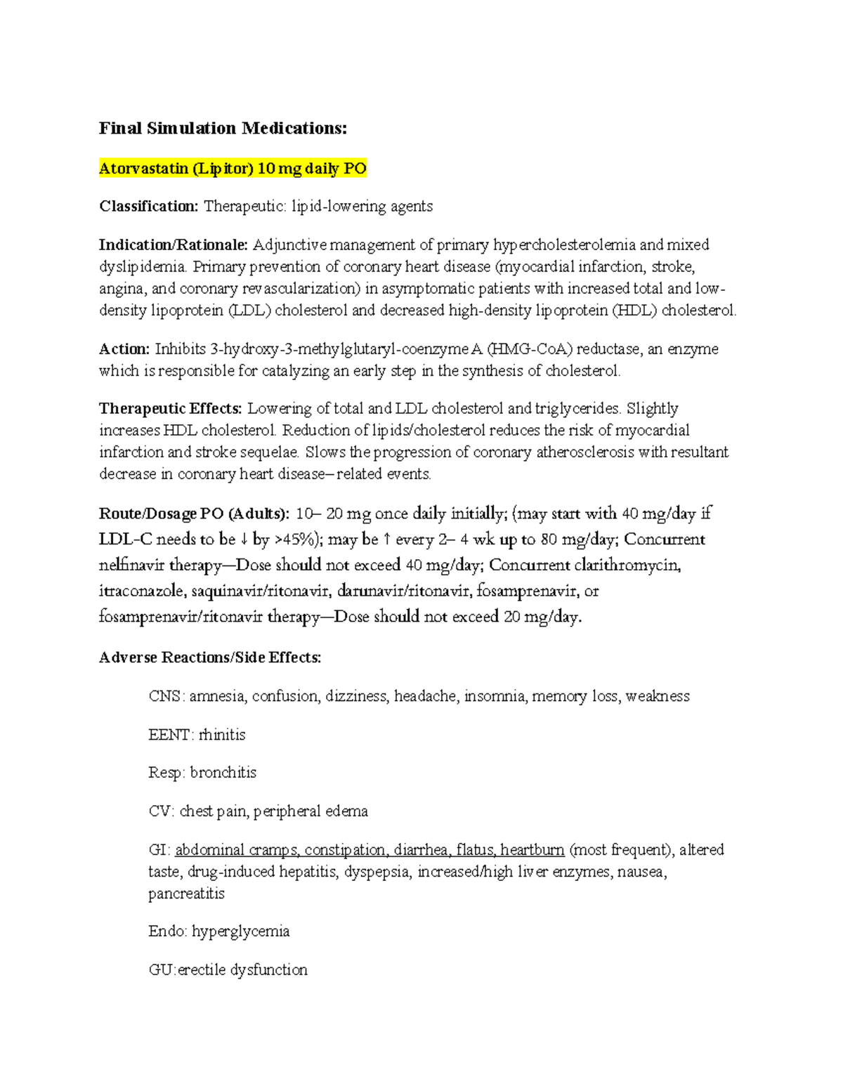 Final simulation medications - Final Simulation Medications ...