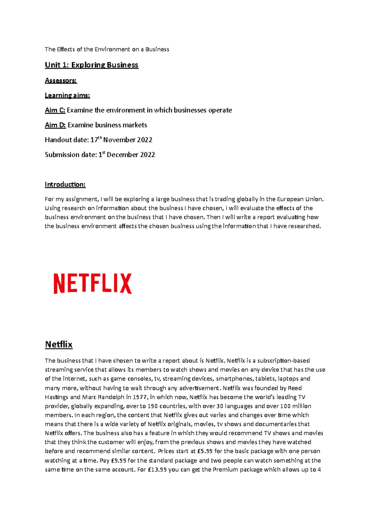 Assignment 2 - The Effects of the Environment on a Business Unit 1: Exploring Business Assessors ...