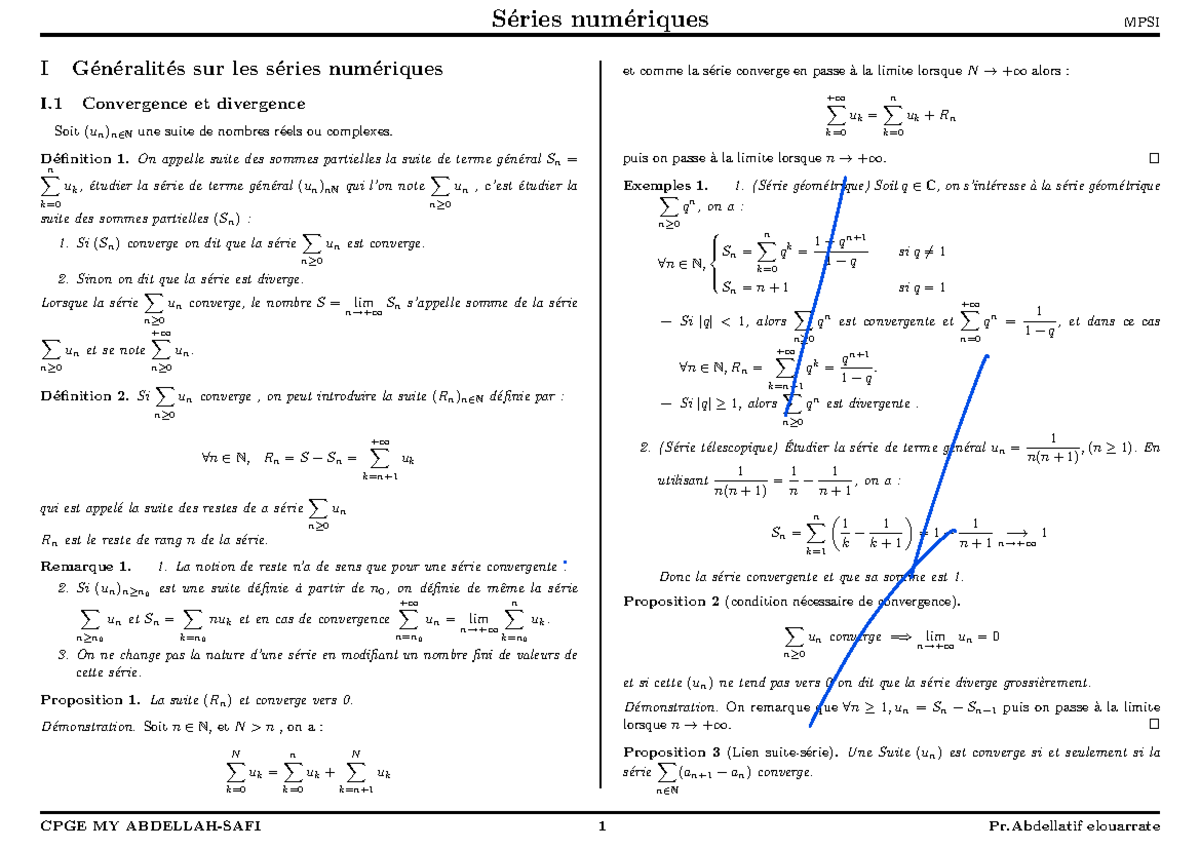 Séries - I Généralités sur les séries numériques I Convergence et ...