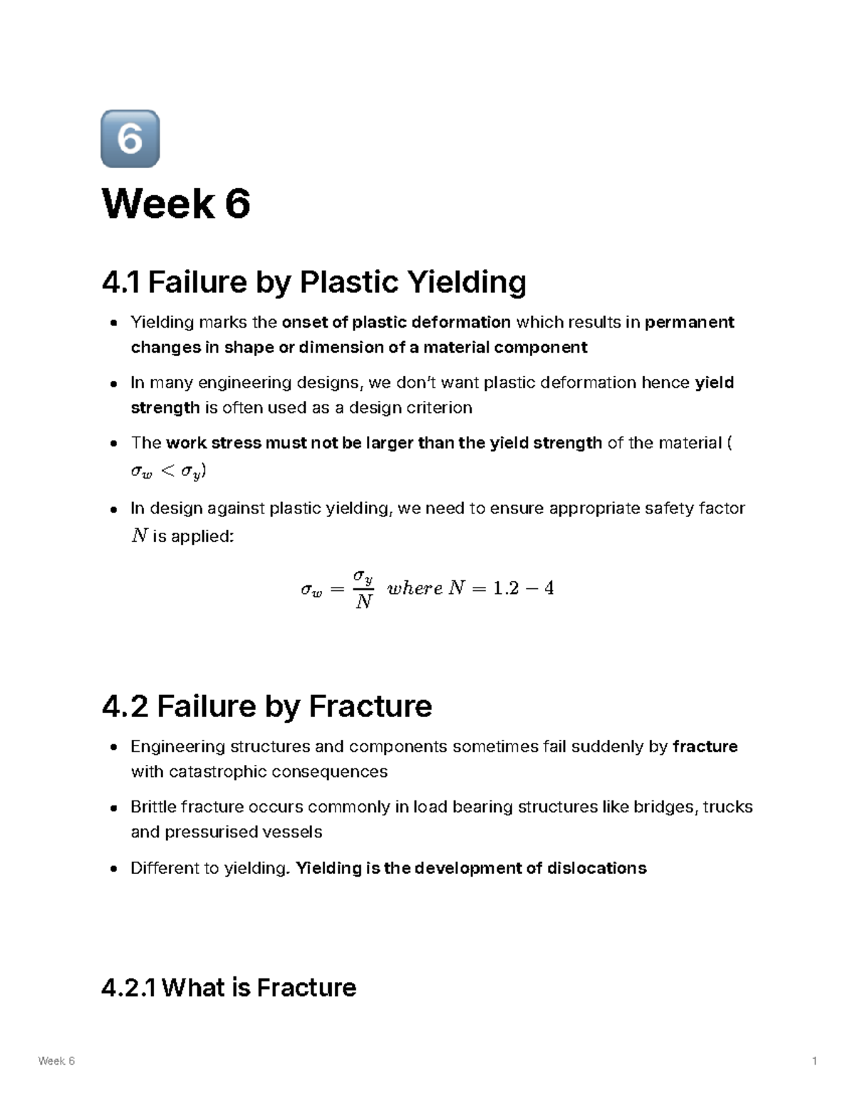 Week 6 - week 6 notes - 󾠳 Week 6 4 Failure by Plastic Yielding Yielding ...