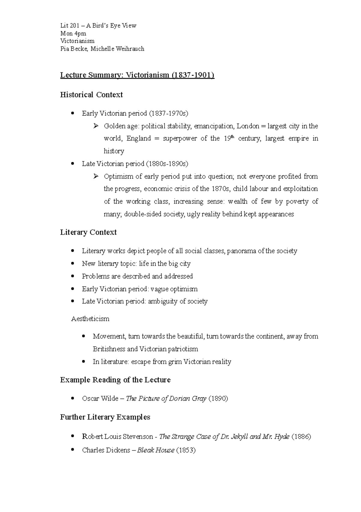 Victorianism-Handout - Lit 201 – A Bird’s Eye View Mon 4pm Victorianism ...