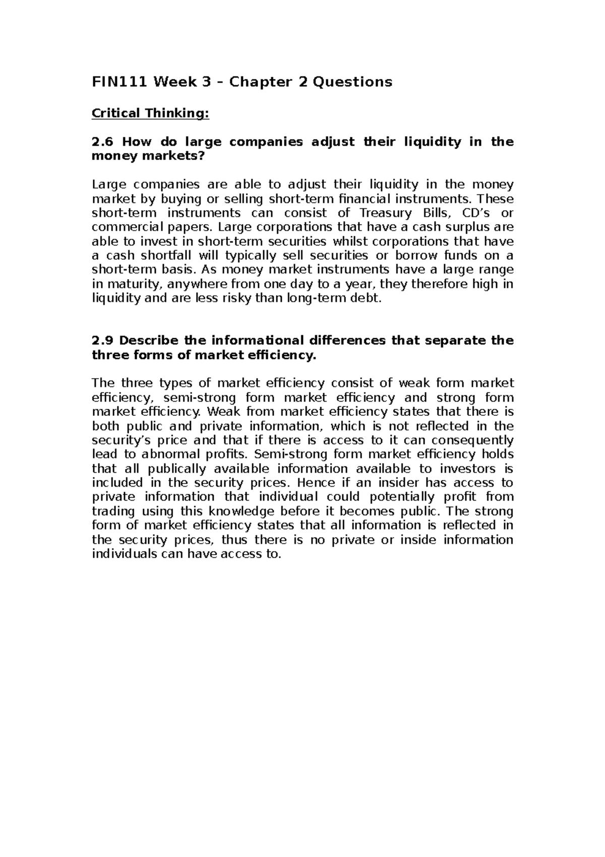 FIN111 Week 3 – Upload - FIN111 Week 3 – Chapter 2 Questions Critical ...