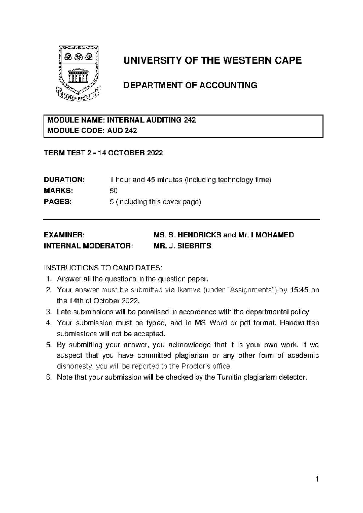 Auditing 242 Test 2 Final - UNIVERSITY OF THE WESTERN CAPE DEPARTMENT ...