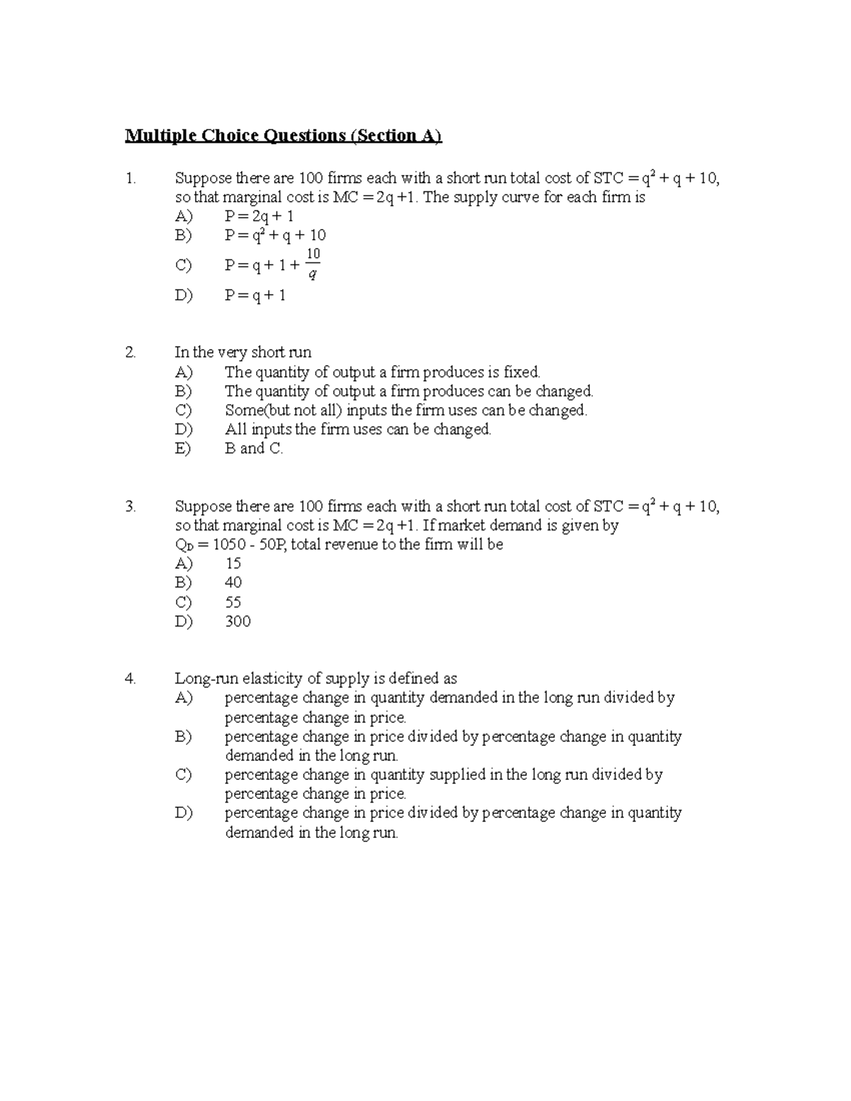 Economics exercise - Multiple Choice Questions (Section A) Suppose ...
