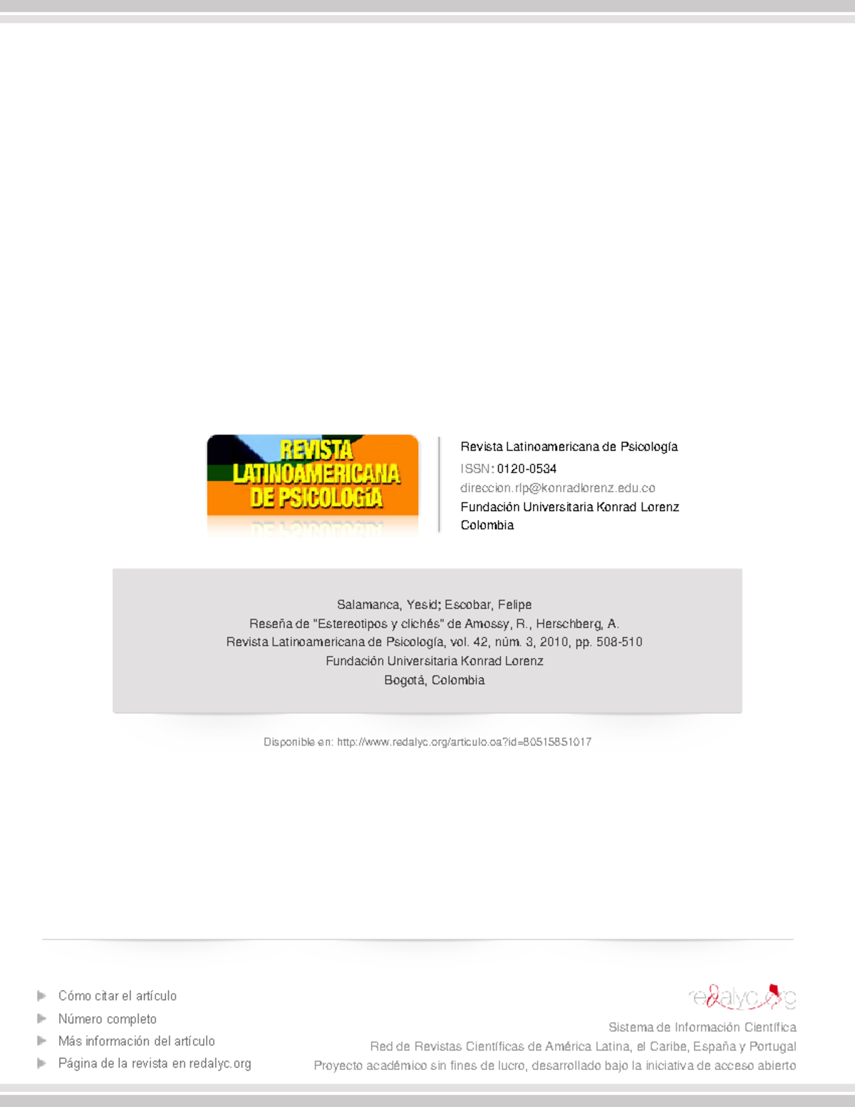 Amossy reseña - Revista Latinoamericana de Psicología ISSN: 0120 ...