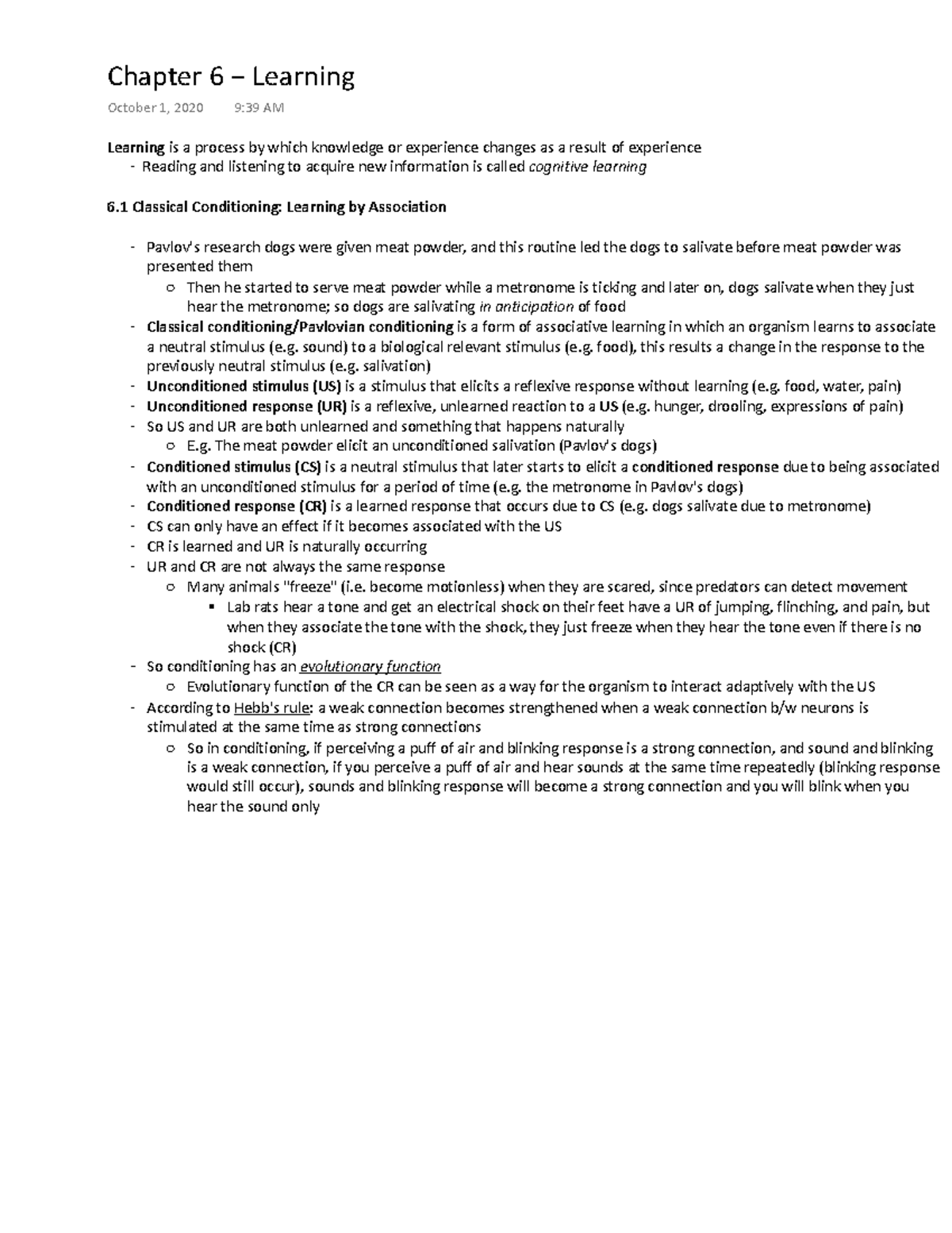 Chapter 6 copy - psyc notes - Chapter 6 − Learning October 1, 2020 9:39 ...