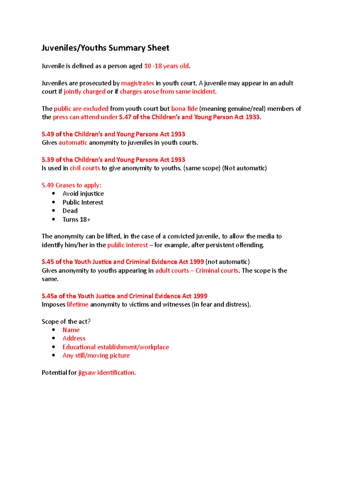 Juveniles Summary Sheet - Summary Sheet Juvenile is defined as a person ...