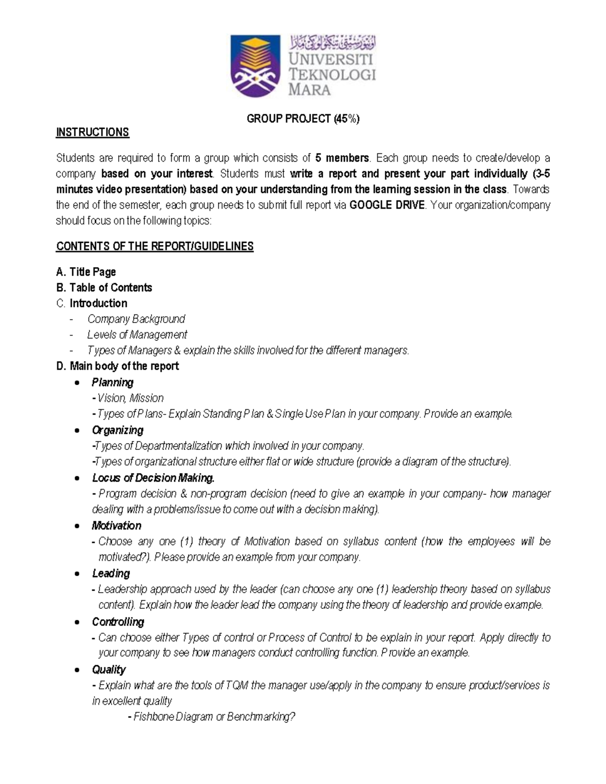 Mgt group LECTURE NOTES THAT CAN MAKE AS - GROUP PROJECT (45% ...