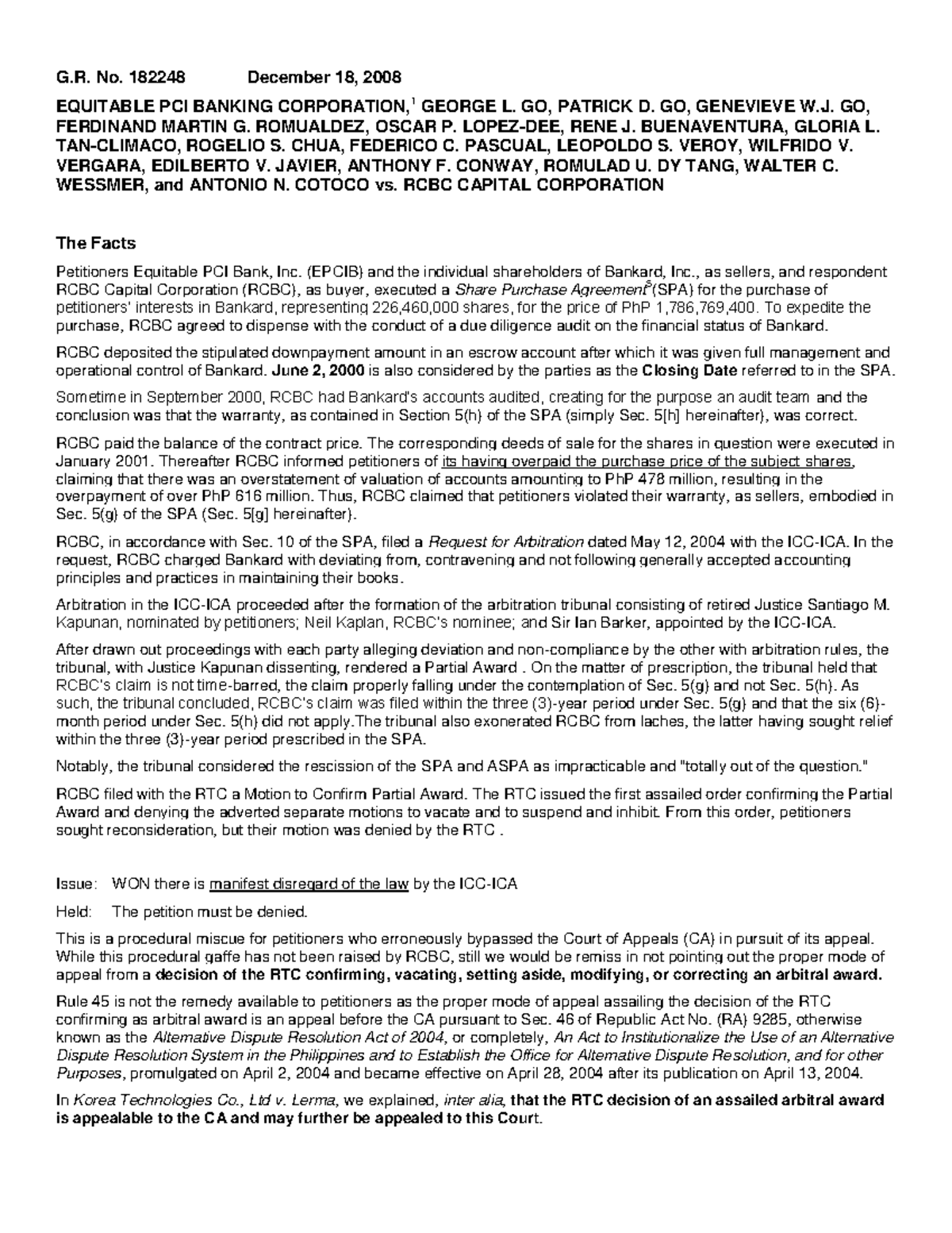 Equitable Bank vs. rcbc - G. No. 182248 December 18, 2008 EQUITABLE PCI ...