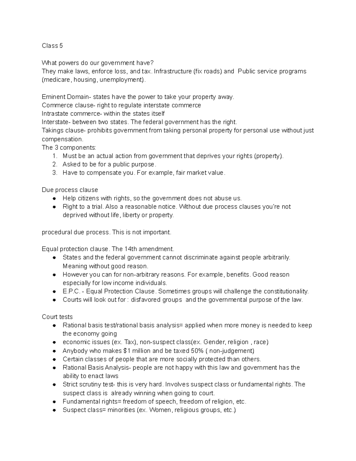 Business law notes 5 - The components of takings clause, due process ...