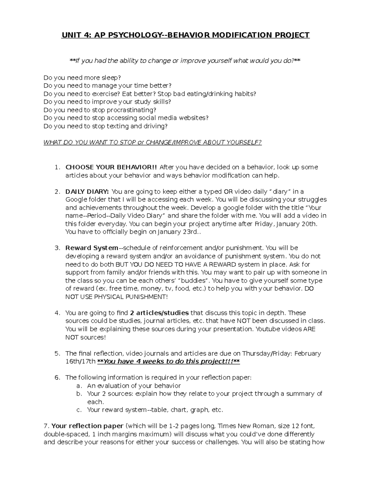 Copy of AP Psychology Behavior Modification Project - UNIT 4: AP ...