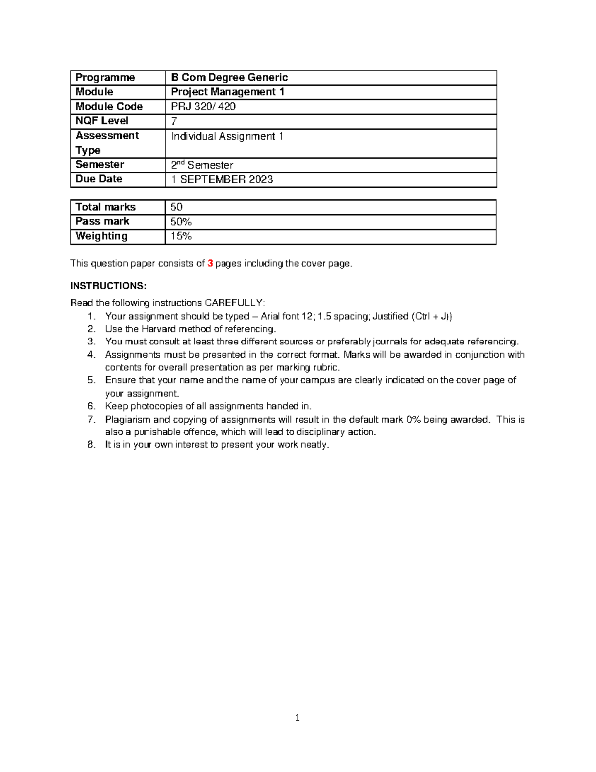B Com Degree Generic Project Management 1 Assignment 1 2023 - 1 ...