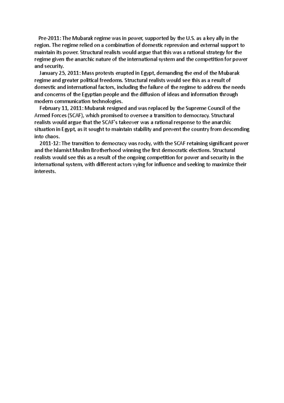Ube pres - Lecture notes - Pre-2011: The Mubarak regime was in power ...
