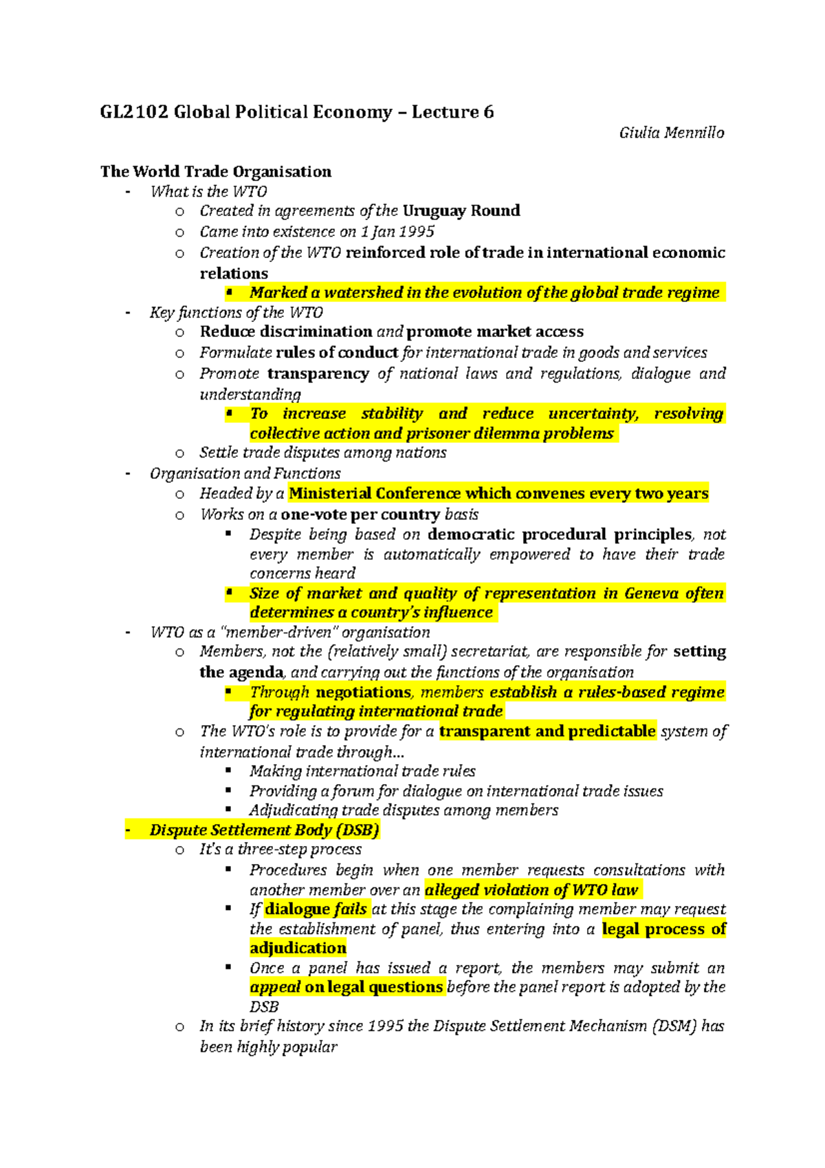 GL2102 Lecture 6 - GL2102 Global Political Economy – Lecture 6 Giulia ...