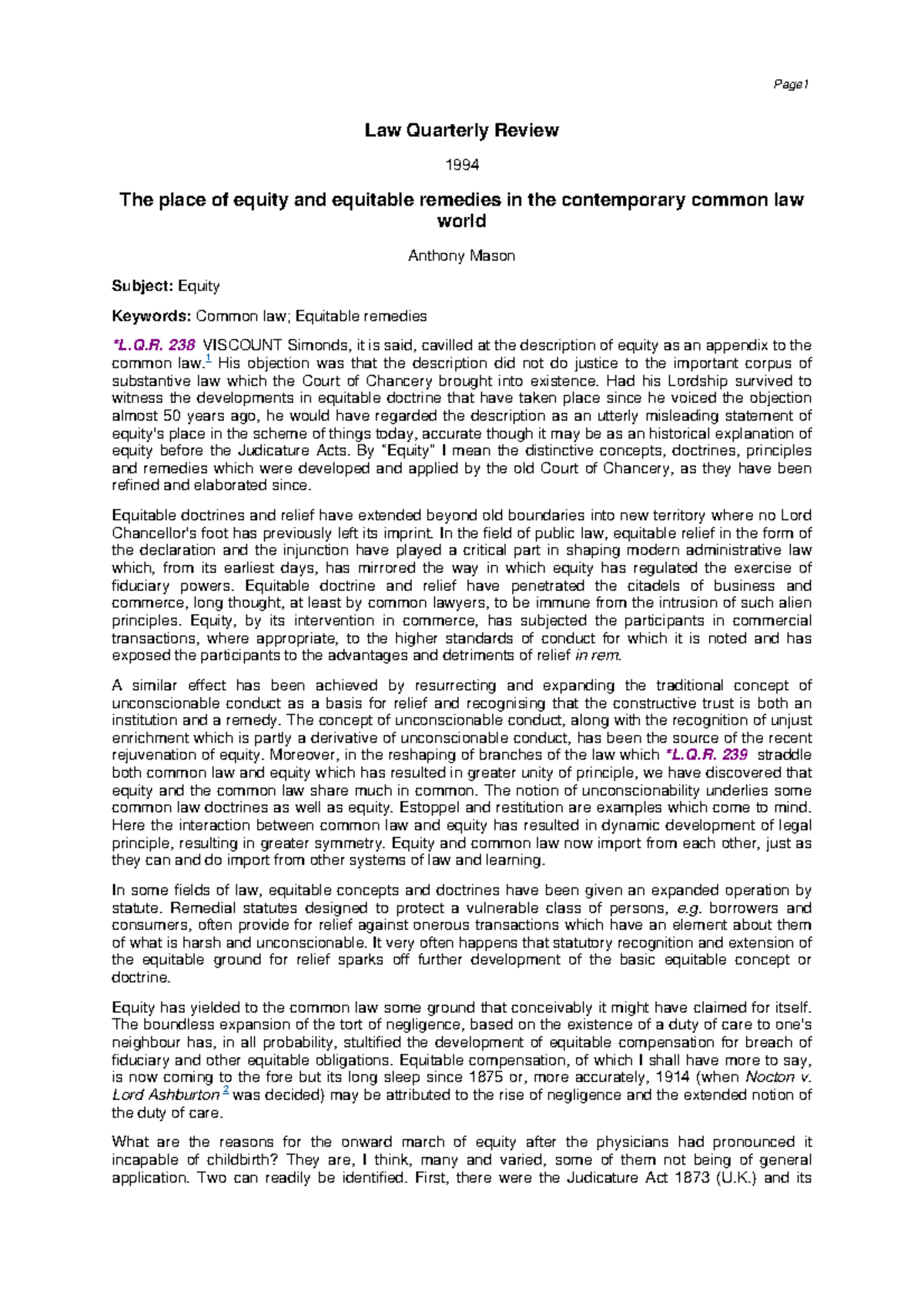 CLR - Equity Article 2 - Law Quarterly Review 1994 The place of equity and equitable remedies in ...