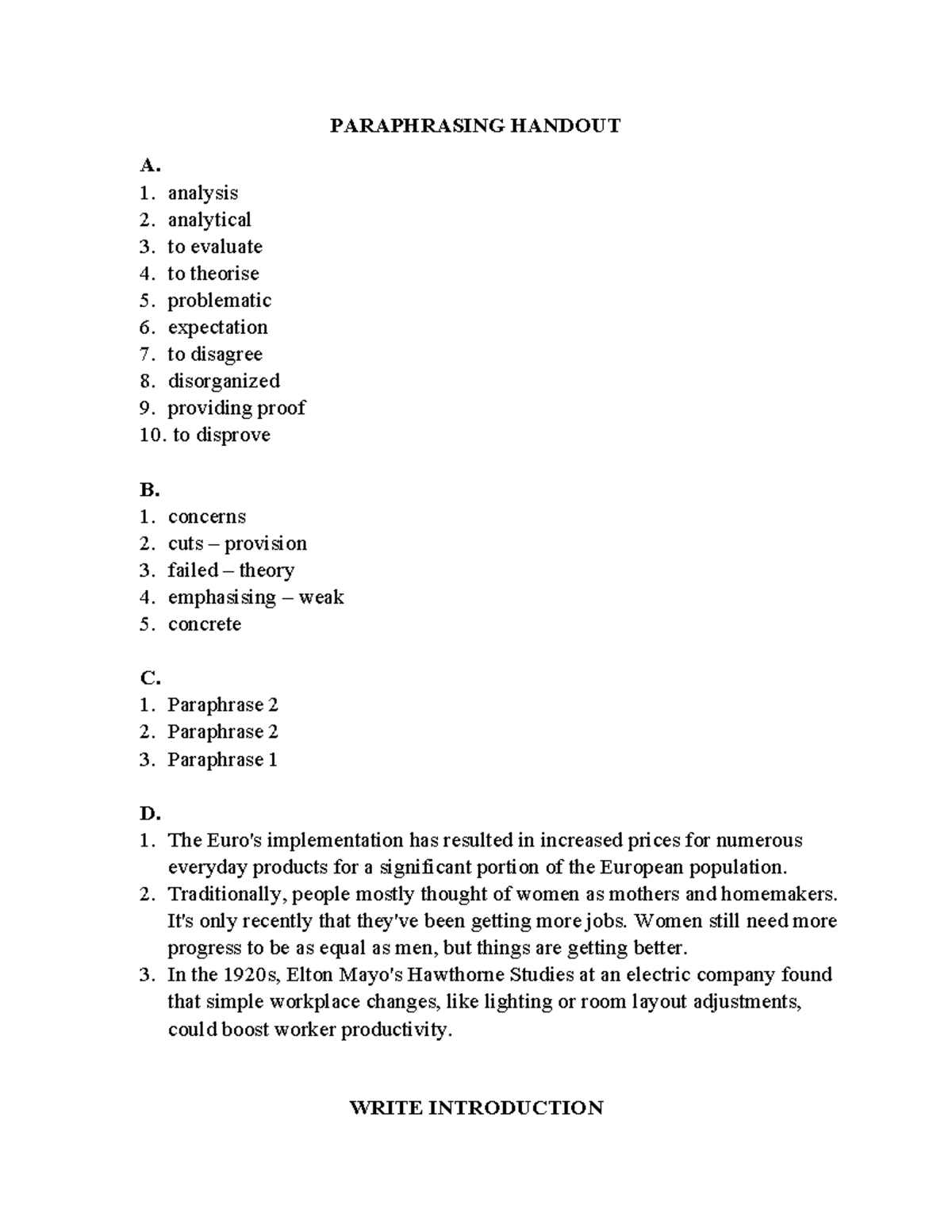 Paraphrasing Handout - PARAPHRASING HANDOUT A. analysis analytical to ...