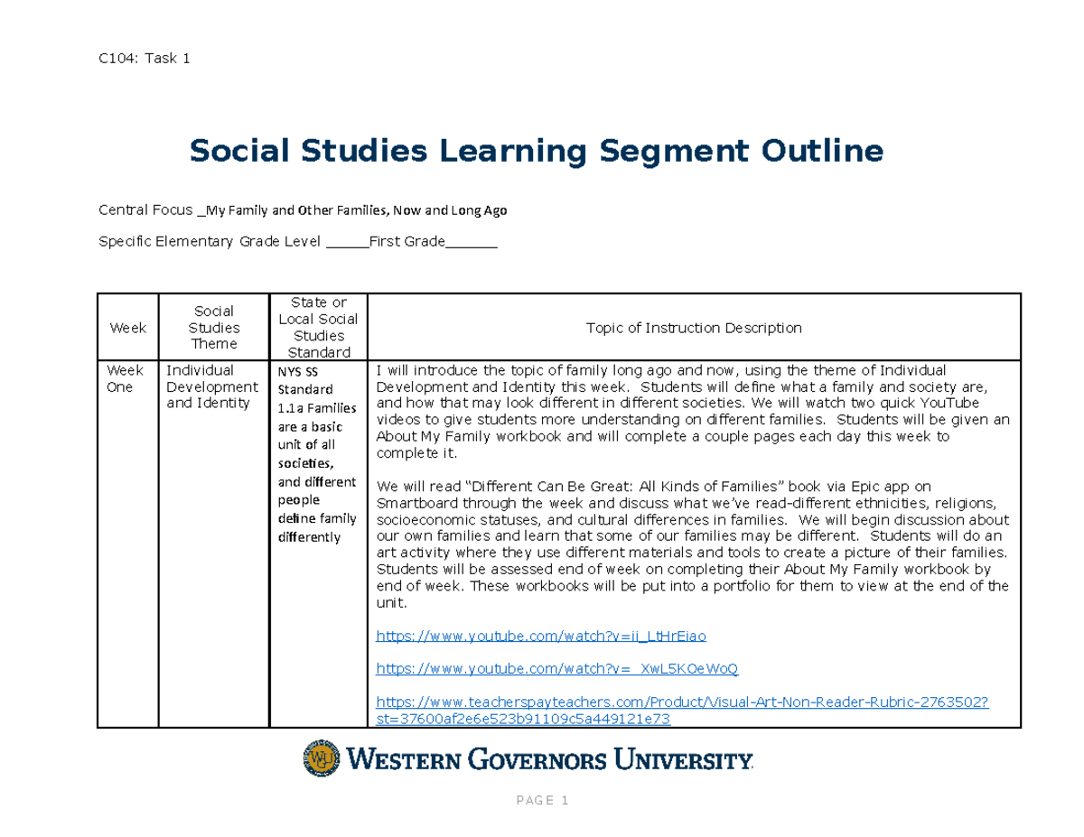 Social Studies Learning Segment Outline - C104: Task 1 Social Studies ...