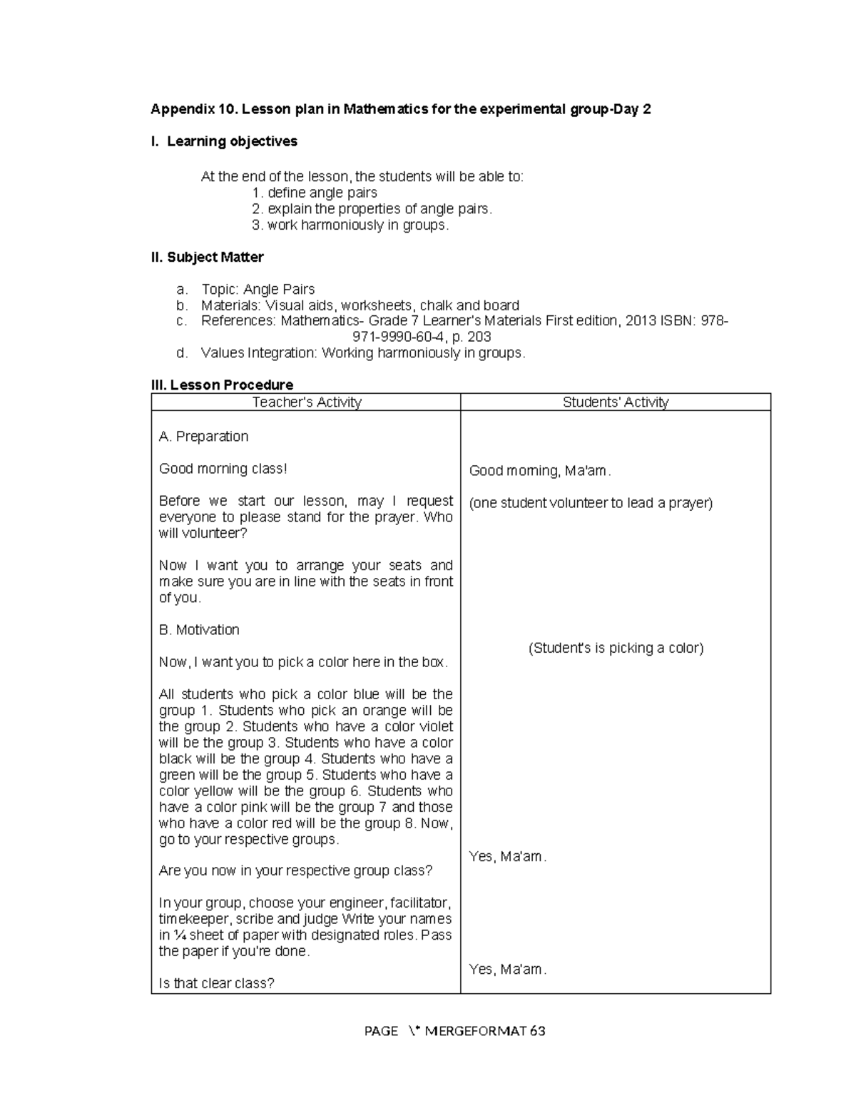 Appendix 10. LP for exp. group-day 2 - Appendix 10. Lesson plan in Mathematics for the ...