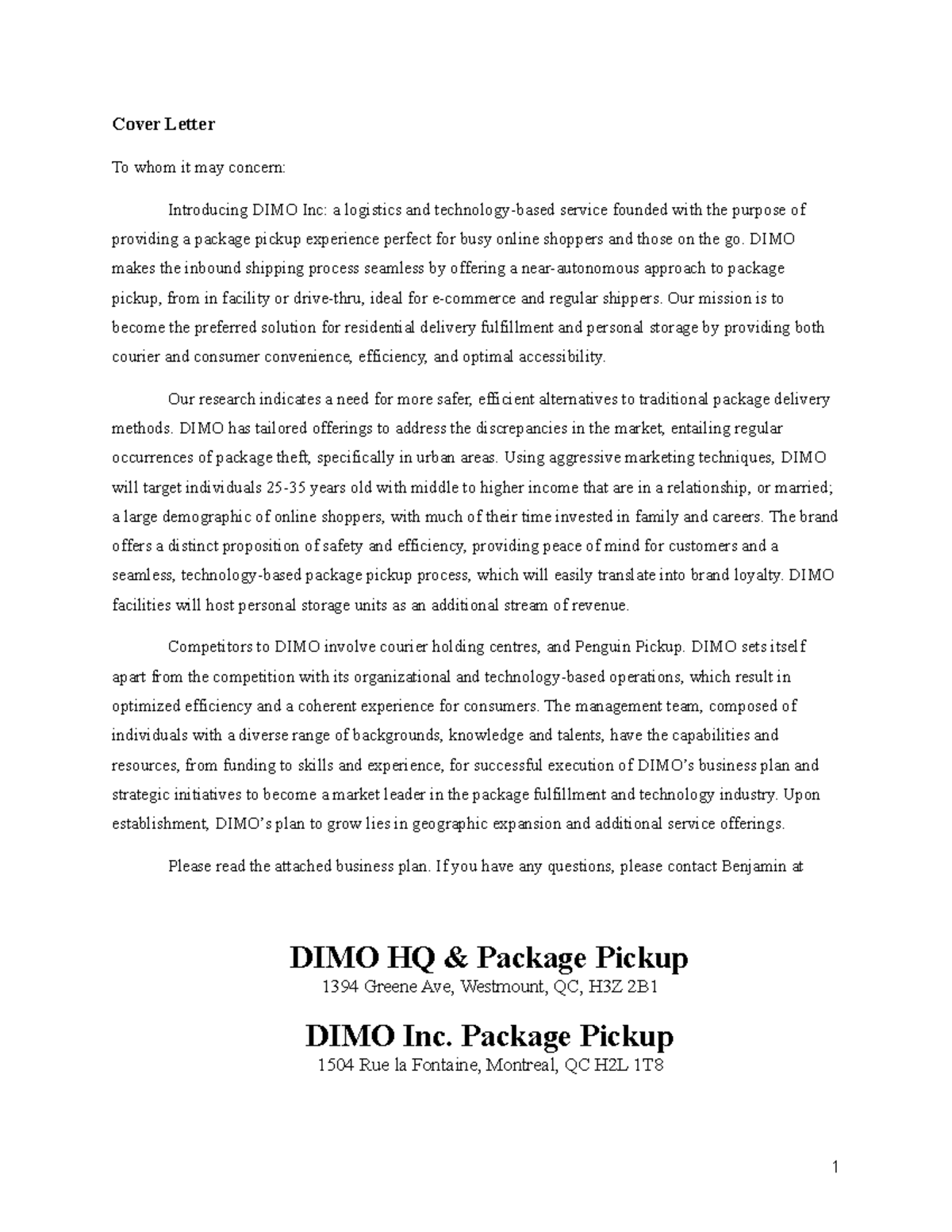 Full Business Plan Dimo Drive-thru pickup - Cover Letter To whom it may ...