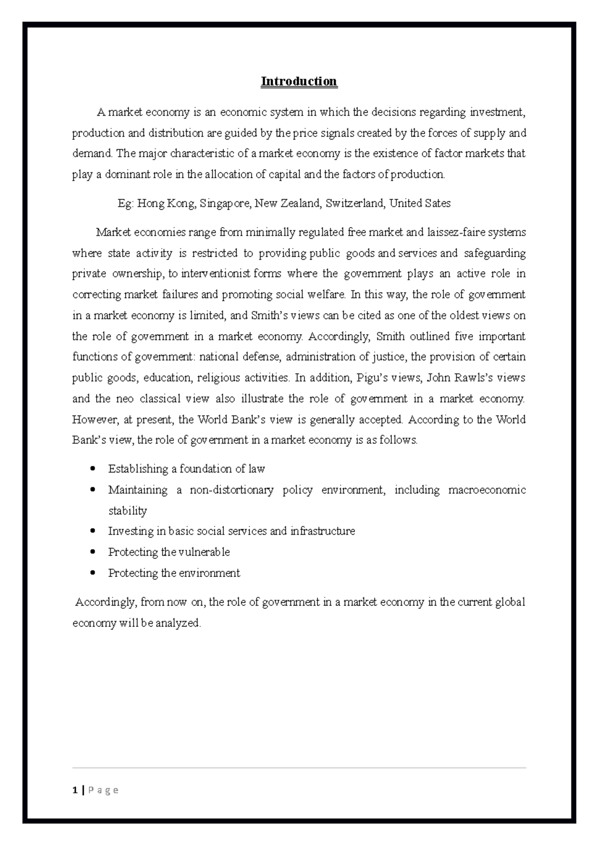 Assignment 1 - Introduction A market economy is an economic system in ...