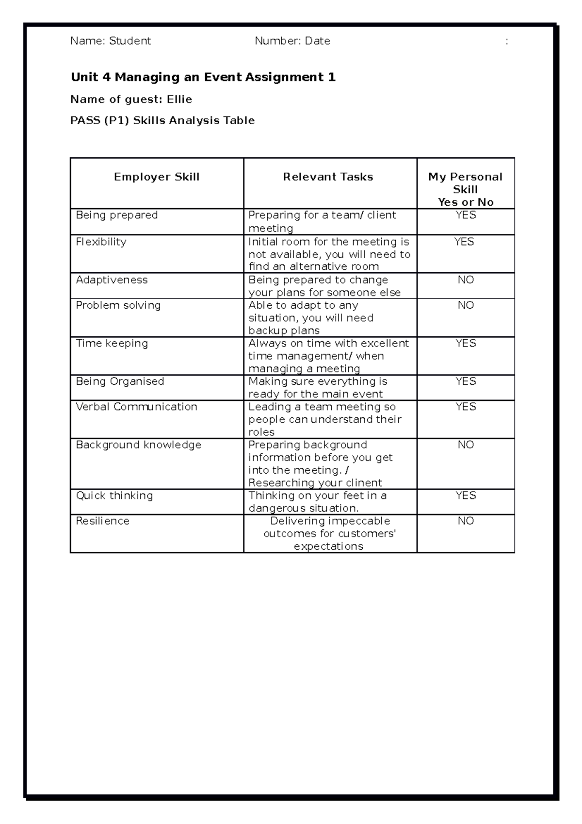 Unit 4 Assignment Sheet copy - Name: Student Number: Date : Unit 4 Managing an Event Assignment ...