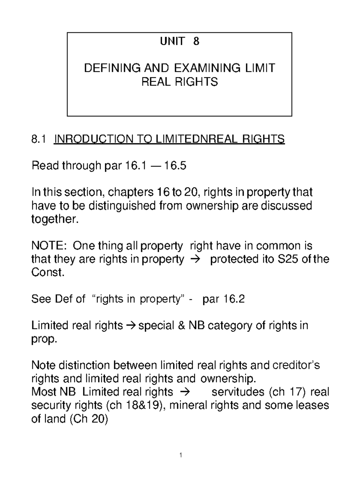 UNIT 8 Defining AND Examining Limited REAL Rights - 8 INRODUCTION TO ...