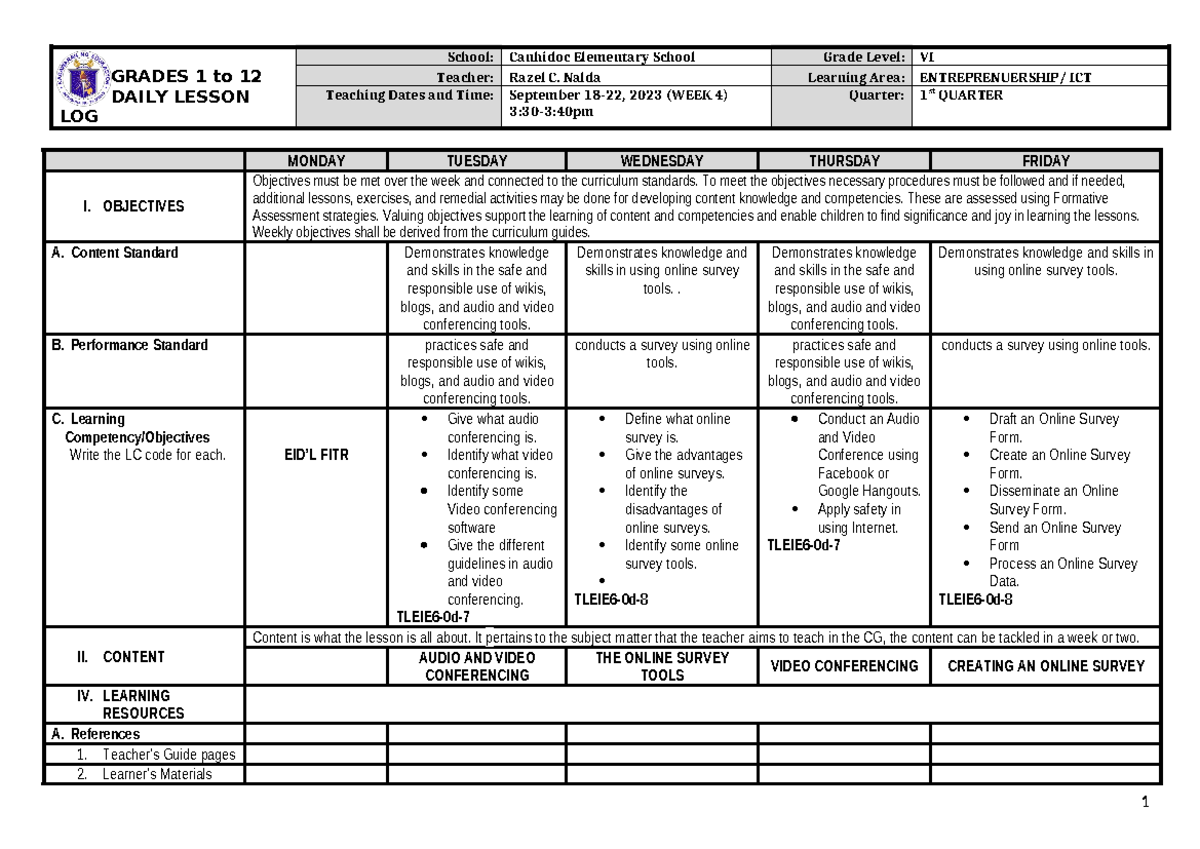 DLL EPP6-ICT Q1 W4 - DLL - GRADES 1 to 12 DAILY LESSON LOG School ...