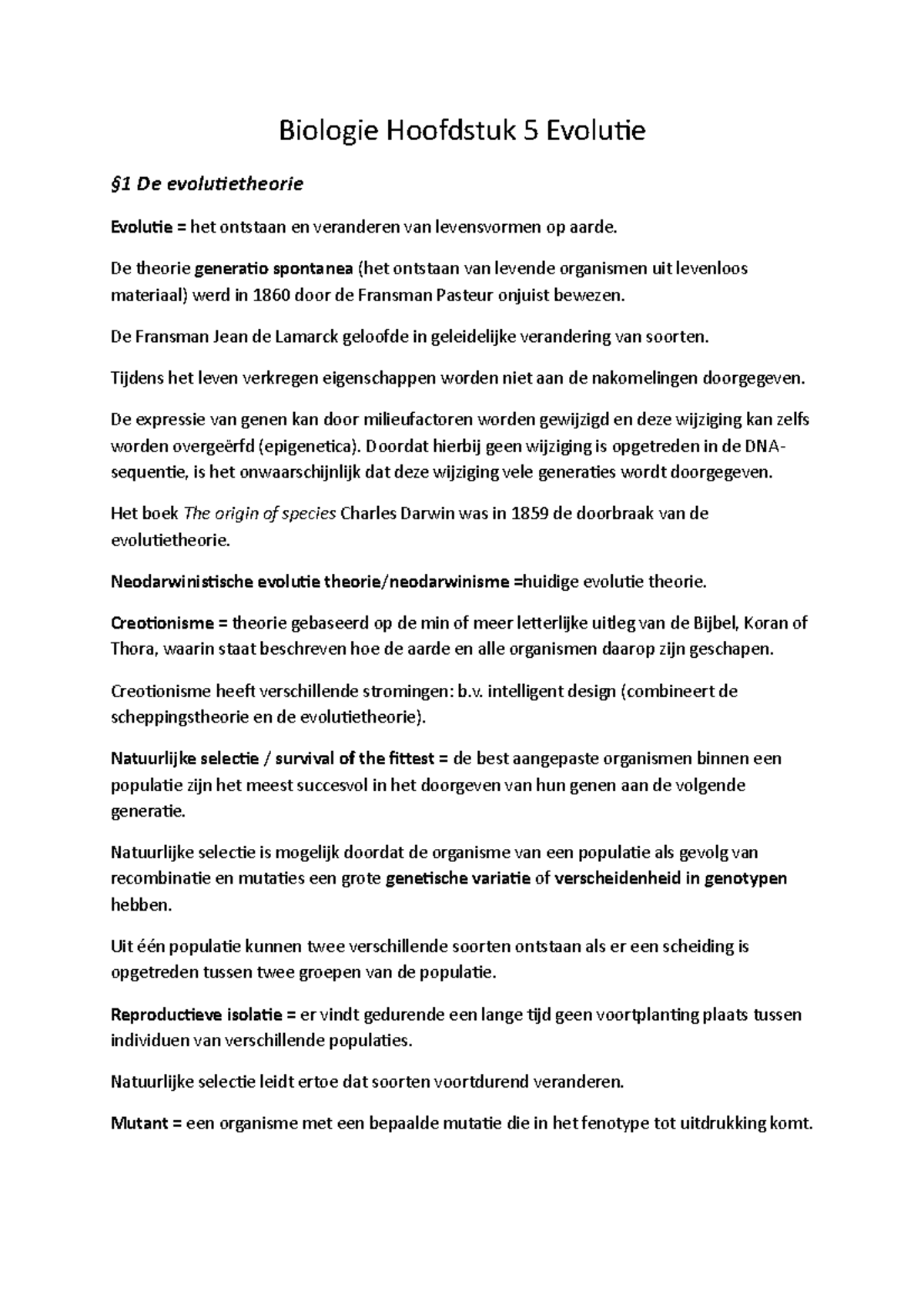 Biologie Hoofdstuk 5 Evolutie - Biologie Hoofdstuk 5 Evolutie §1 De ...