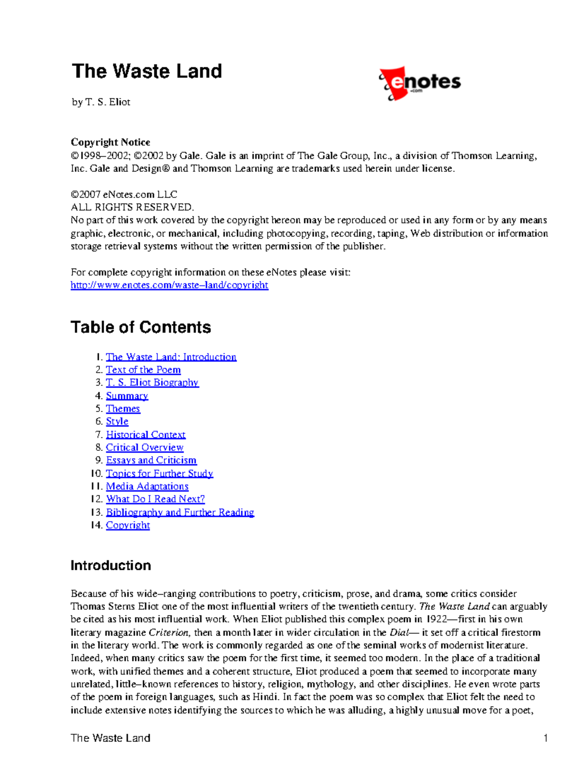 The waste land enotes - Essays - The Waste Land by T. S. Eliot ...