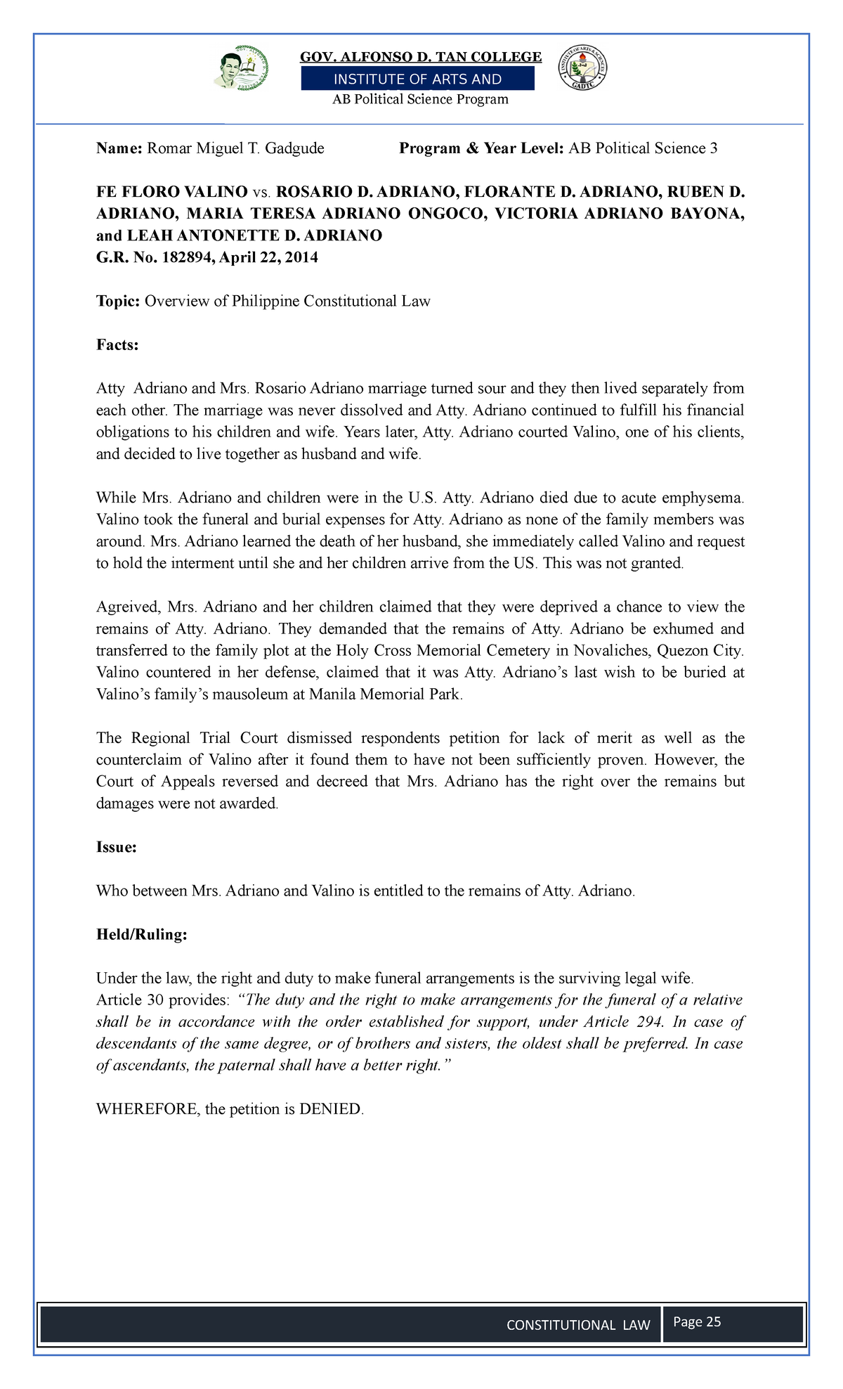 CASE Digest M - INSTITUTE OF ARTS AND SCIENCES AB Political Science ...