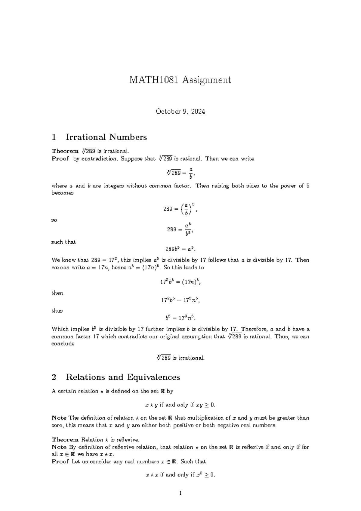Draft - MATH1081 Assignment October 9, 2024 1 Irrational Numbers Theorem 5 √ 289 is irrational ...