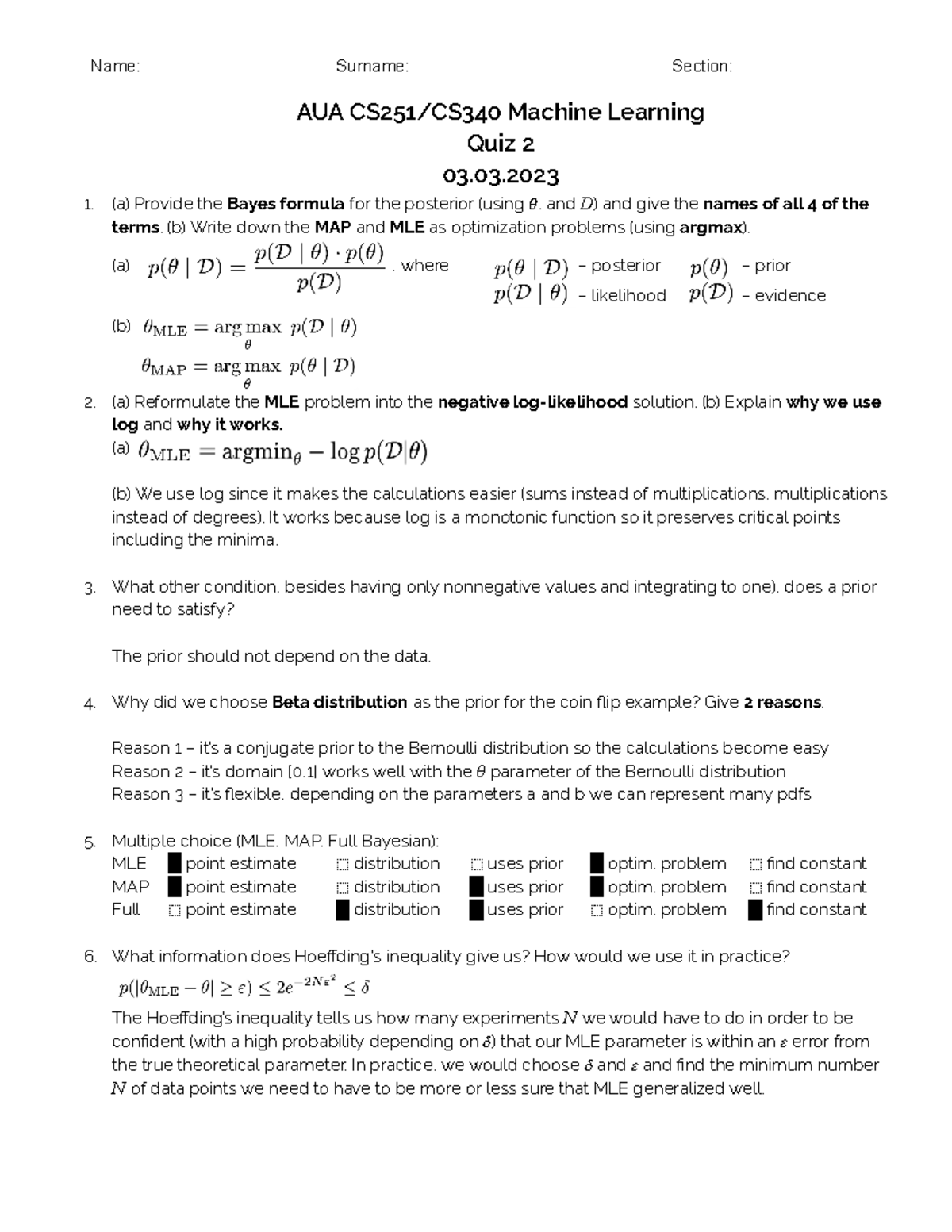AUA CS251 CS230 Probability Quiz 2 Solutions - Name: Surname: Section: AUA CS251/CS340 Machine ...