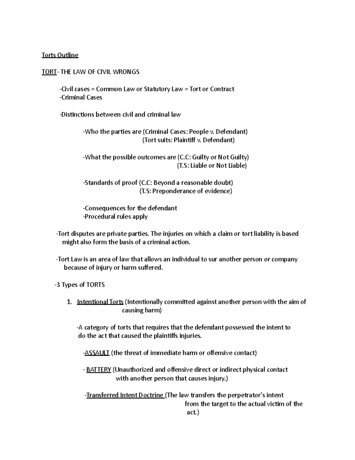 Torts Outline BUS110 - Torts Outline TORT- THE LAW OF CIVIL WRONGS ...