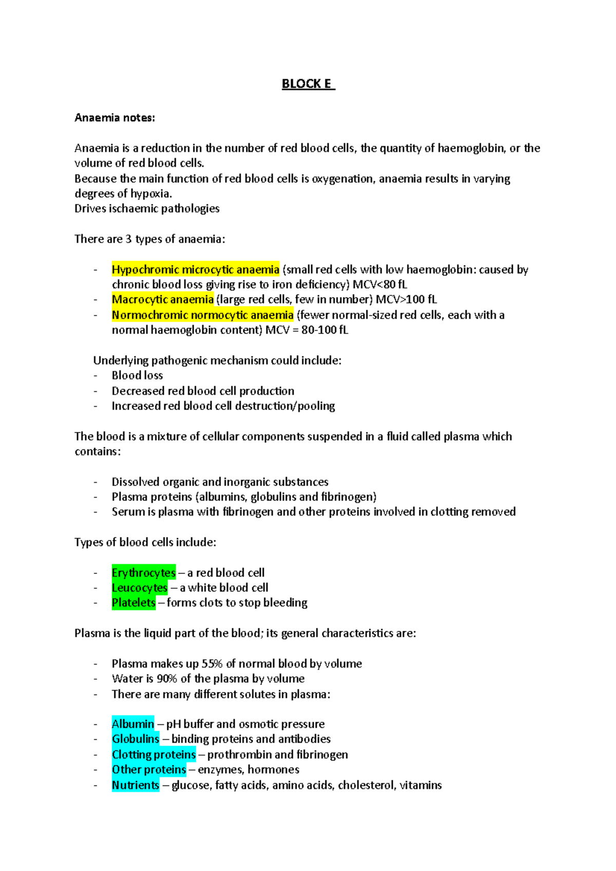 Block E - Anaemia Notes - BLOCK E Anaemia notes: Anaemia is a reduction ...