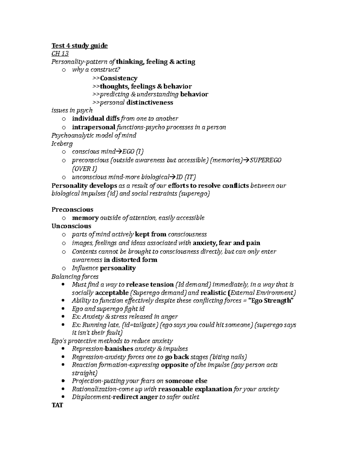 Summary - Test 4 review - Test 4 study guide CH 13 Personality-pattern ...