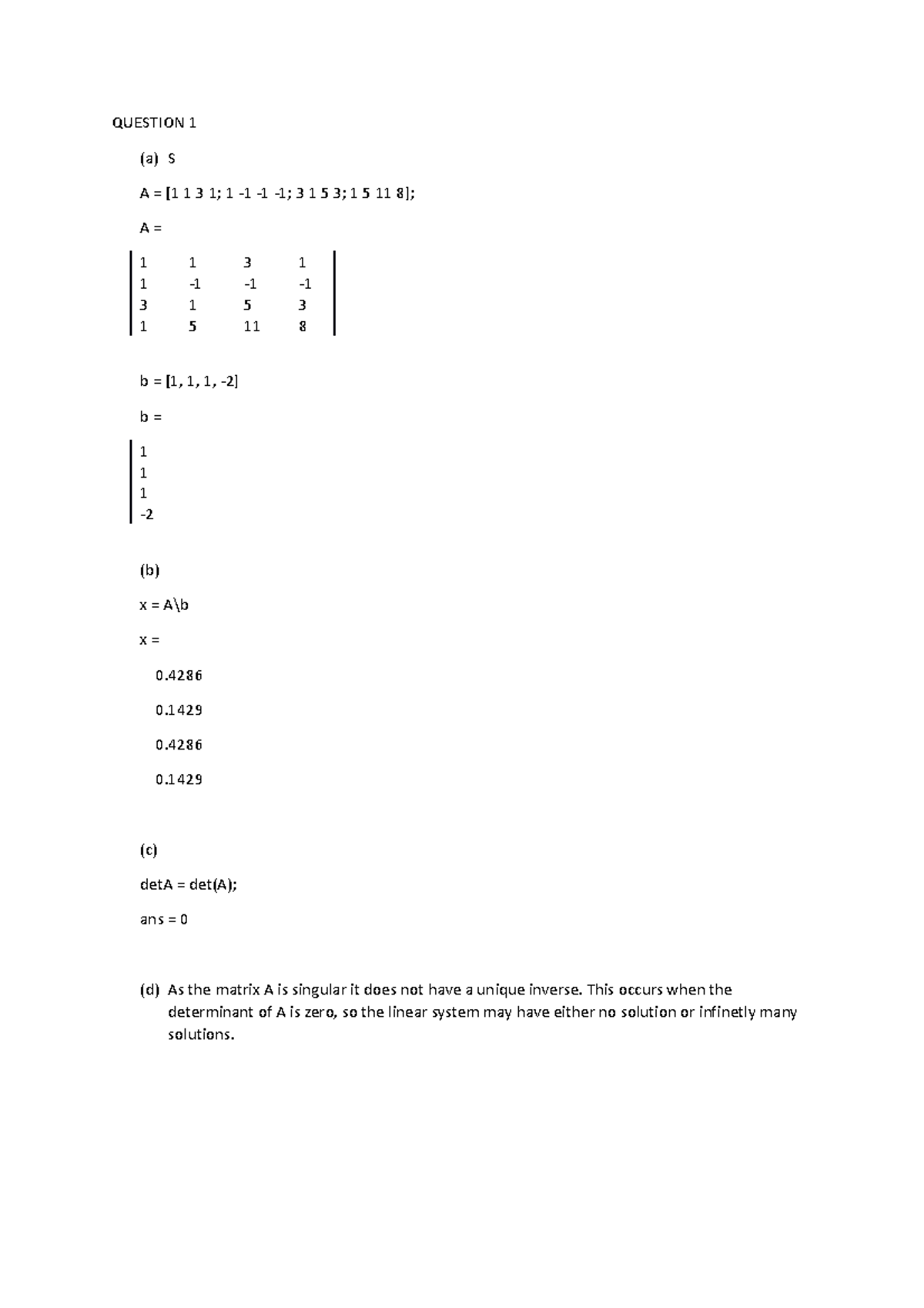 Matlab Assignment Question 1 A S A 1 1 3 1 1 1 1 1 3 1 5 3 1 5 11 8 A 1 1 3 1 1 3173