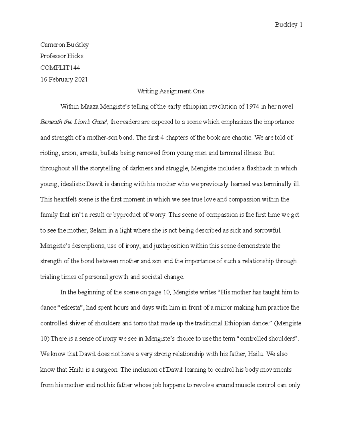 Writing Assignment One - Cameron Buckley Professor Hicks COMPLIT 16 ...