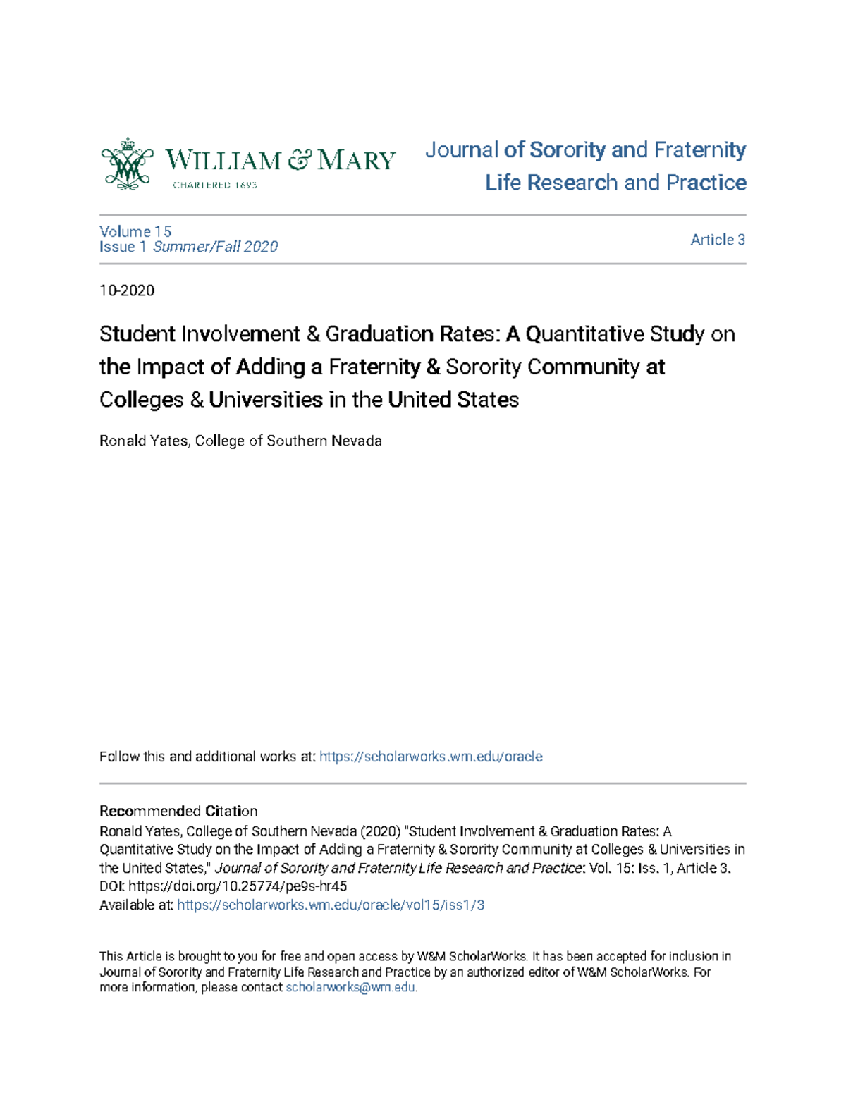 Student Involvement & Graduation Rates A Quantitative Study on t - wm ...