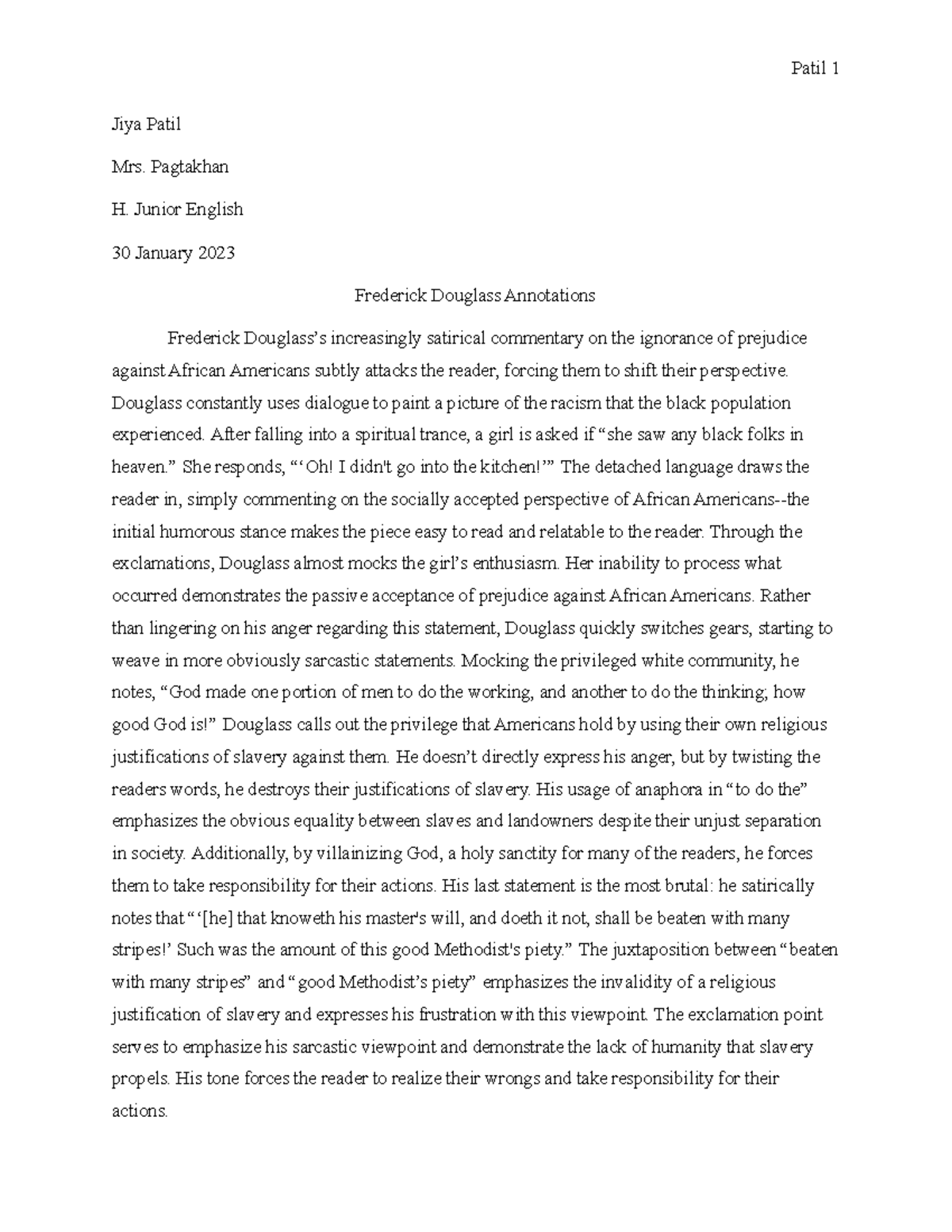 Frederick Douglass Rhetorical Analysis - Patil 1 Jiya Patil Mrs ...