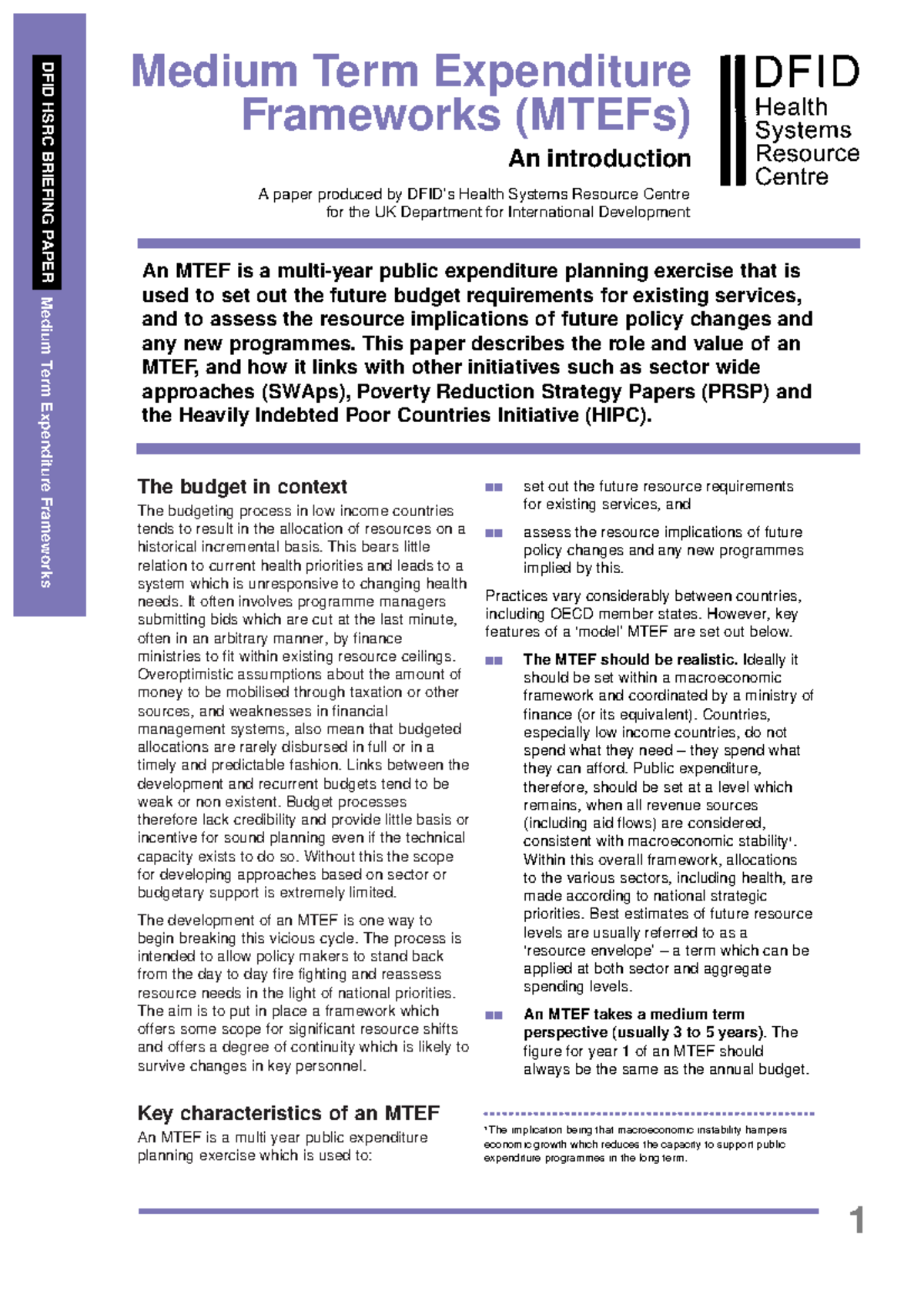 Medium Term Expenditure Frameworks - The budget in context The ...