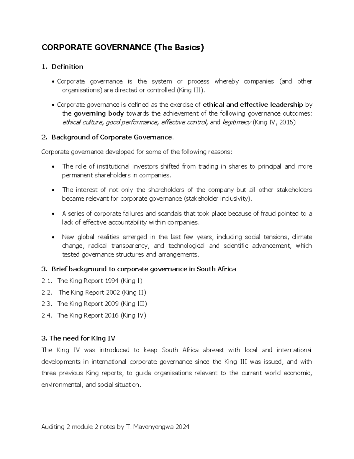 Corporate Governance KING IV -AUD 2 - CORPORATE GOVERNANCE (The Basics ...