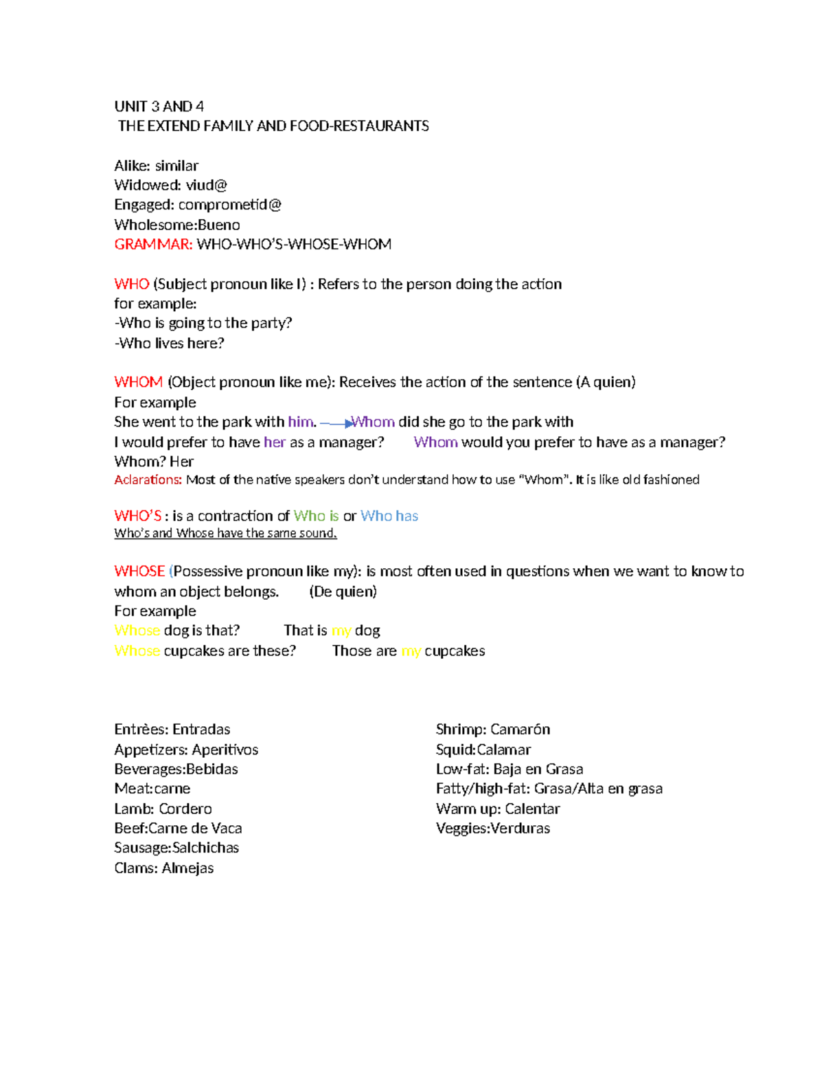 UNIT 3 AND 4 - INGLES - UNIT 3 AND 4 THE EXTEND FAMILY AND FOOD ...