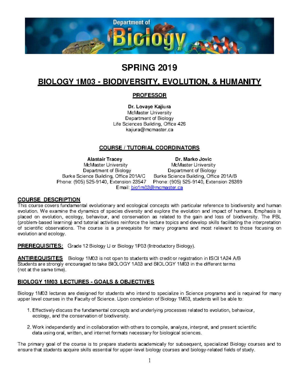 Bio-1m03-s - course outline - SPRING 2019 BIOLOGY 1M03 - BIODIVERSITY ...