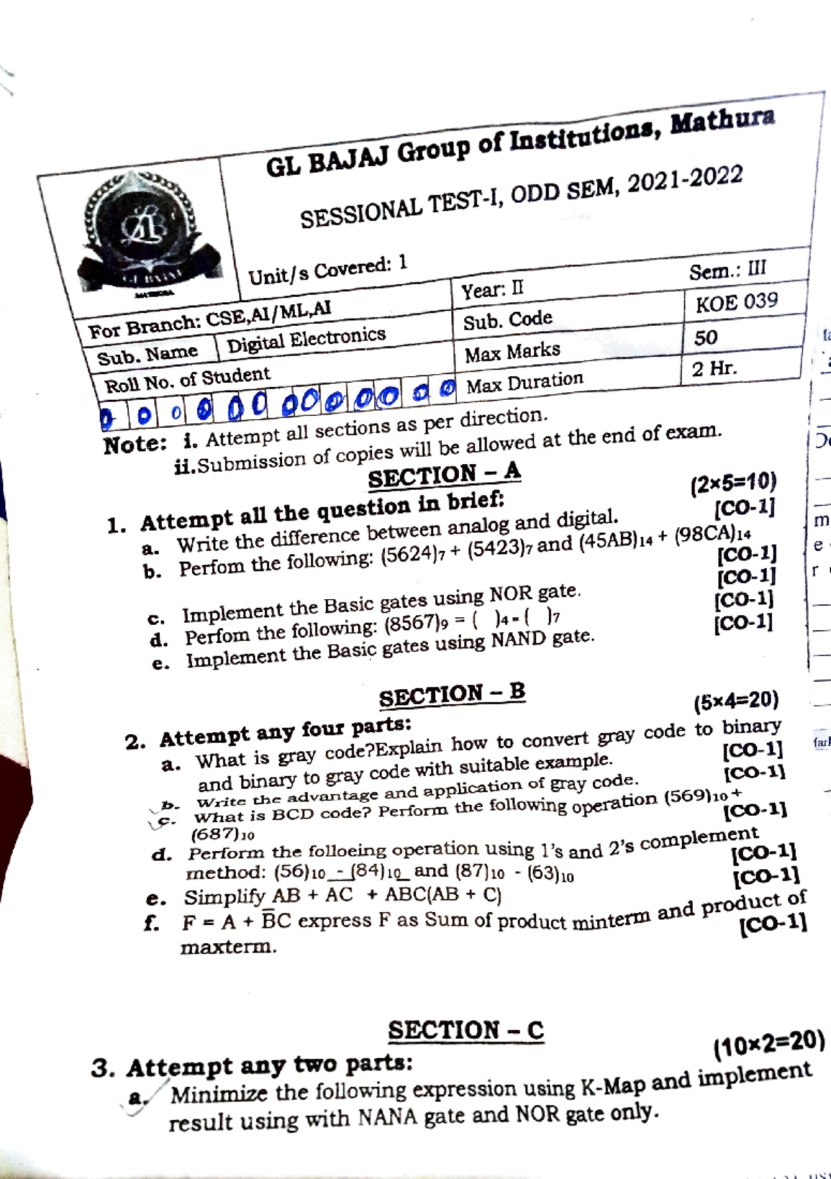 DE Question Papers - GL BAJAJ Group of Institutions, Mathura SESSIONAL ...