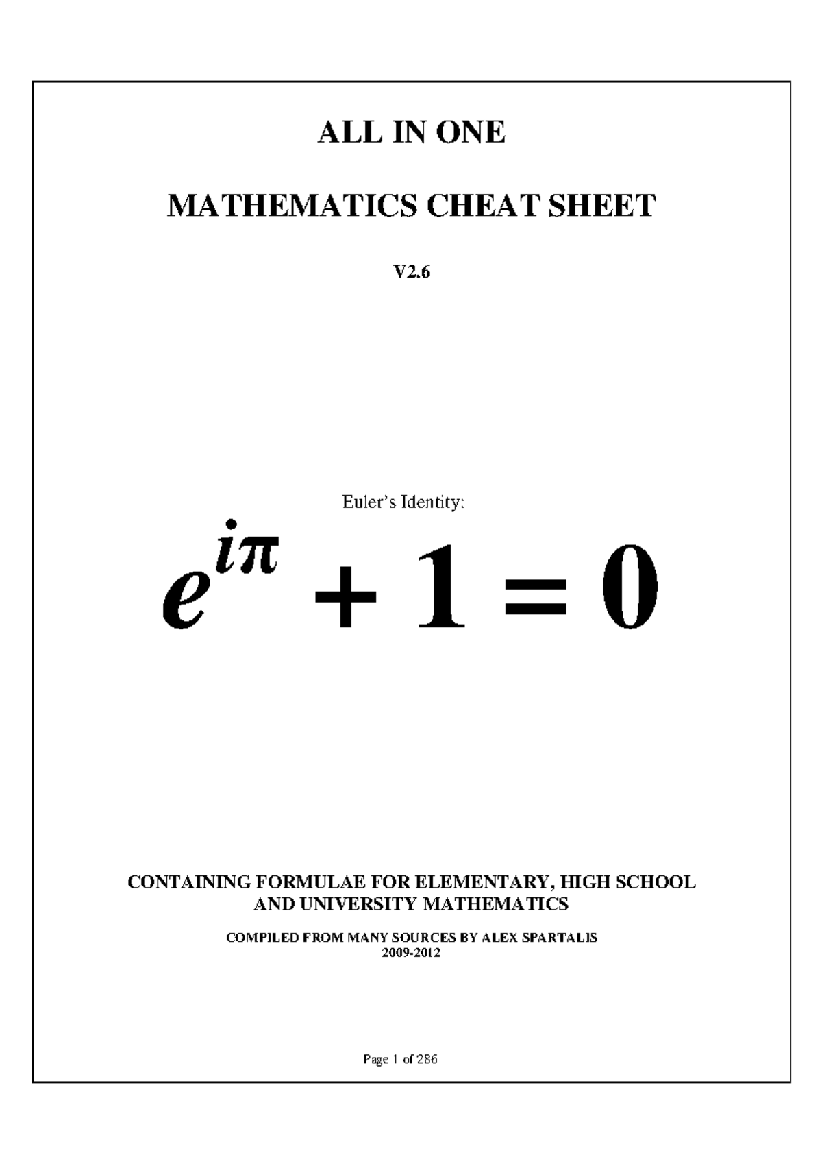 Math Cheat Sheet - ALL IN ONE MATHEMATICS CHEAT SHEET V2. e iπ + 1 = 0 ...