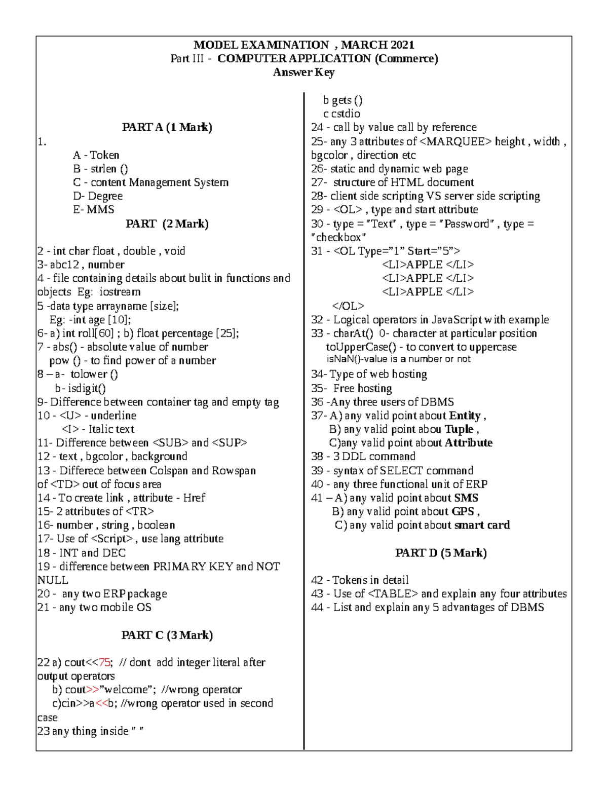 Kerala Plus Two Model Exam March 2021- Computer Applications (Commerce) Answer Key - MODEL - Studocu