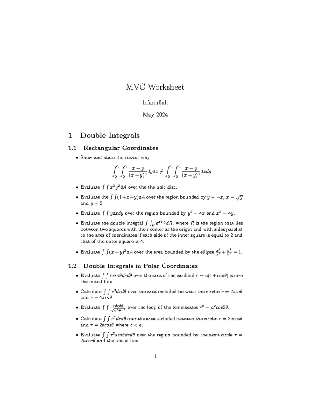 Worksheet for MVC - MVC Worksheet Irfanullah May 2024 1 Double Integrals 1 Rectangular ...