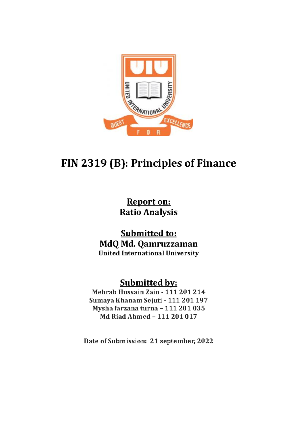 Principle of Finance Report - FIN 2319 (B): Principles of Finance ...