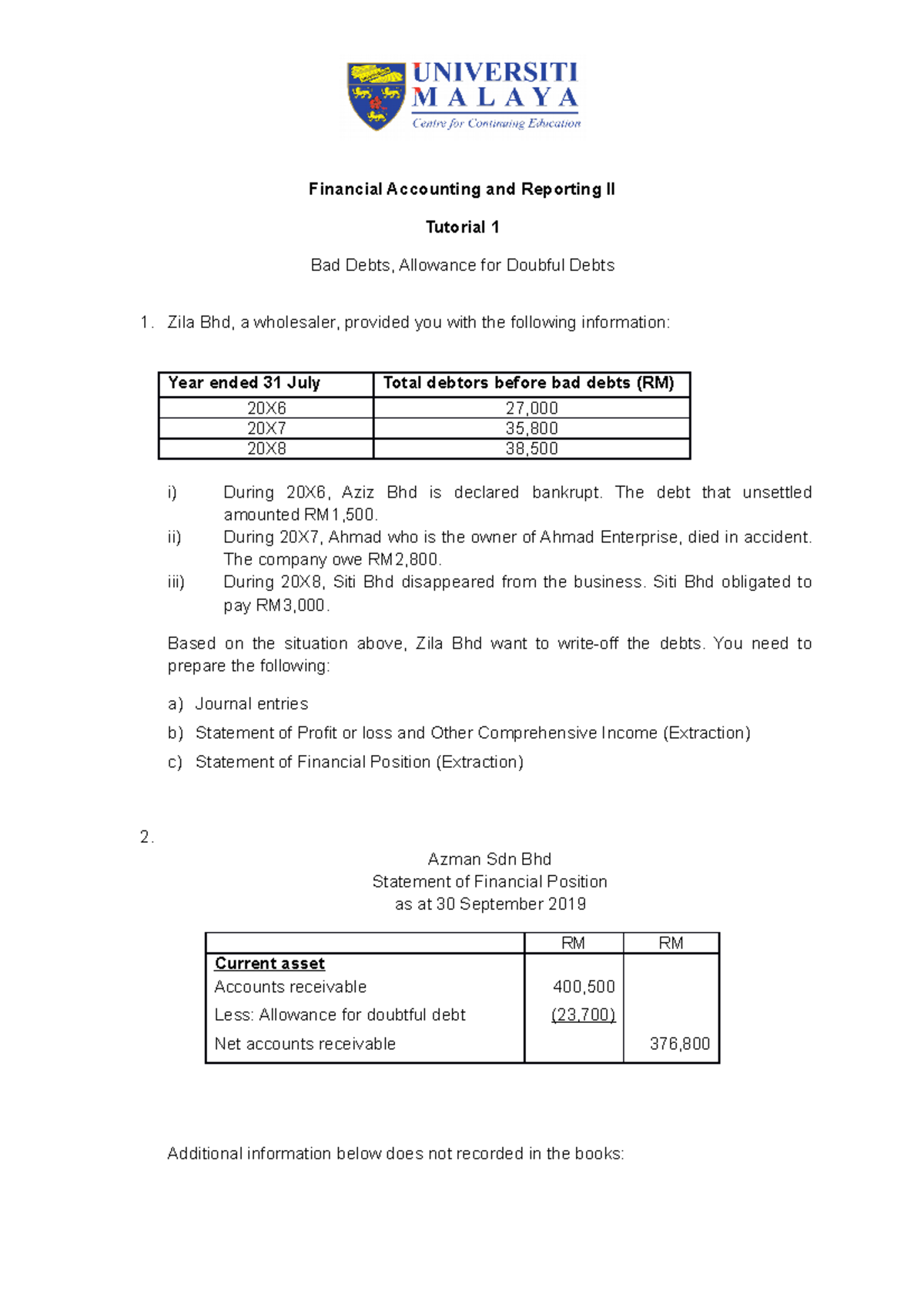 Tutorial 1 Bad Debt - just do it - Financial Accounting and Reporting ...