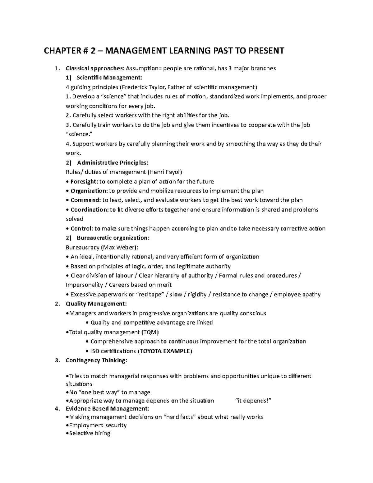 Test Ch#2 - Notes - CHAPTER # 2 – MANAGEMENT LEARNING PAST TO PRESENT ...